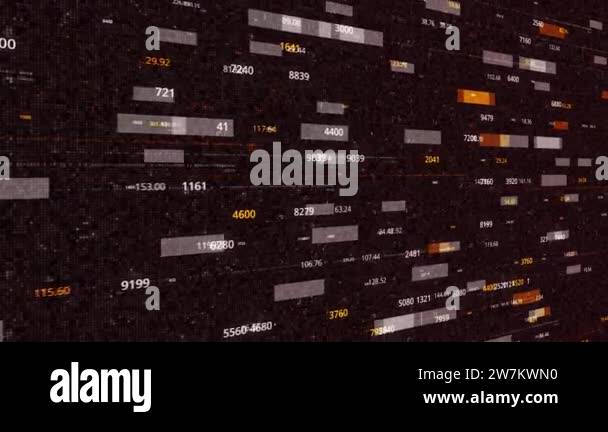 Small blocks of data and numbers flowing on a dark background, seamless loop. Animation ...
