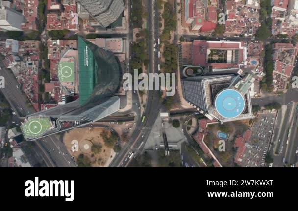 Aerial birds eye overhead top down view of traffic in city streets ...