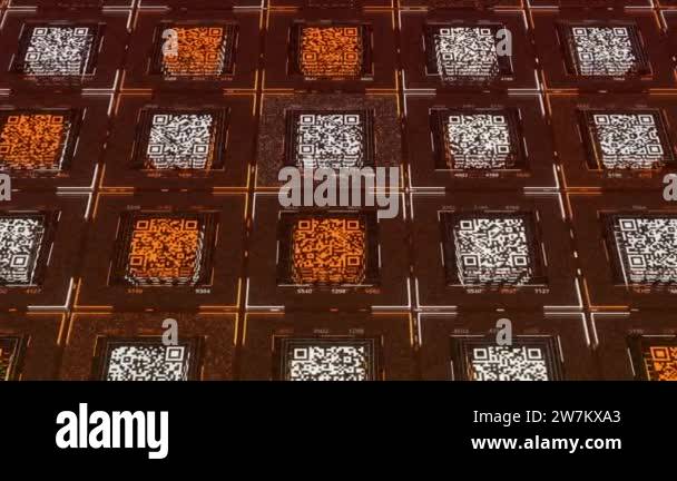 Rows Of Square Shaped Qr Codes With Moving Electrical Impulses On Orange Background Animation