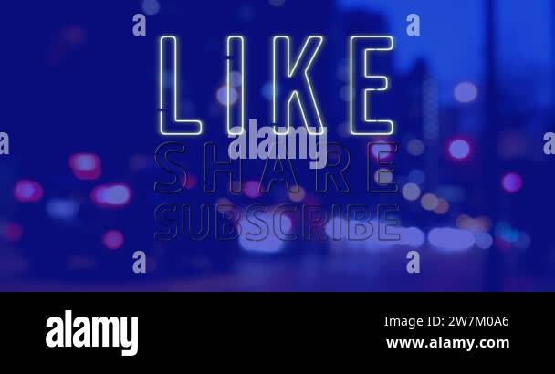 Animation of like share subscribe texts over cityscape. communication ...