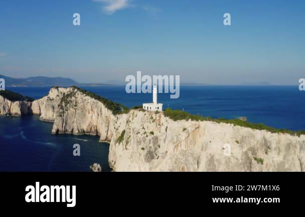 Drone view of famous Greek lighthouse Cape of Ducato on Ionian island ...