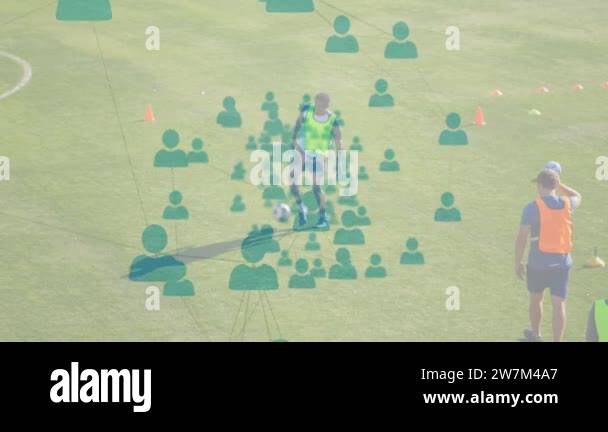 Animation of network of connections with people icons over football ...