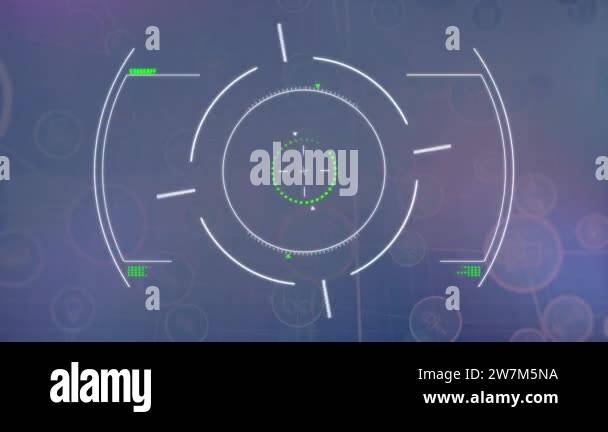 Animation of circular scope and interference over network of media icons. communication ...