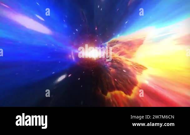 Abstract colorful glow blue red hyperspace tunnel through space time ...