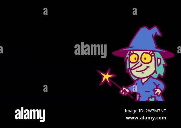 Cute witch jumps out on screen and conjures. Alpha channel. Looped ...