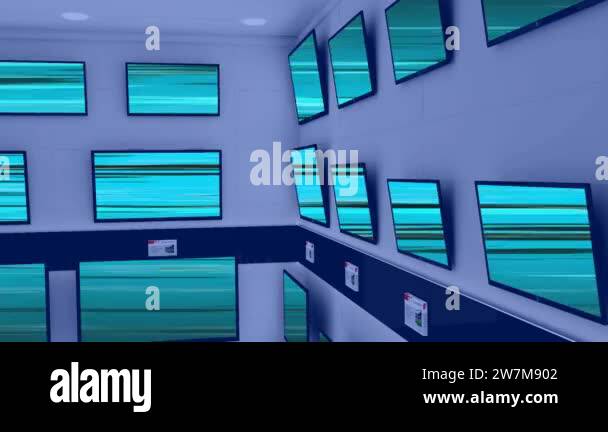 Animation of rows of television sets in store with pattern on screens ...