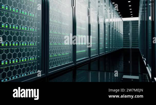 Big data analysis and concept of fctcristic supercomputer network and data servers behind glass ...