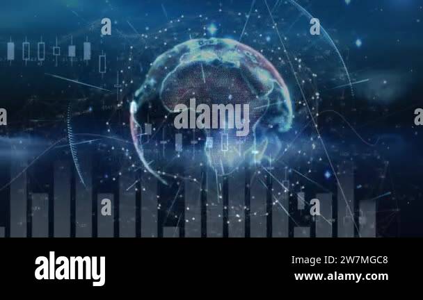 Animation of data processing and statistics over globe on dark back ground. global technology ...
