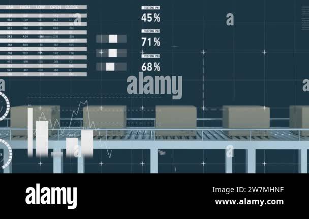 Statistical data processing against multiple boxes on conveyor belt against blue background ...