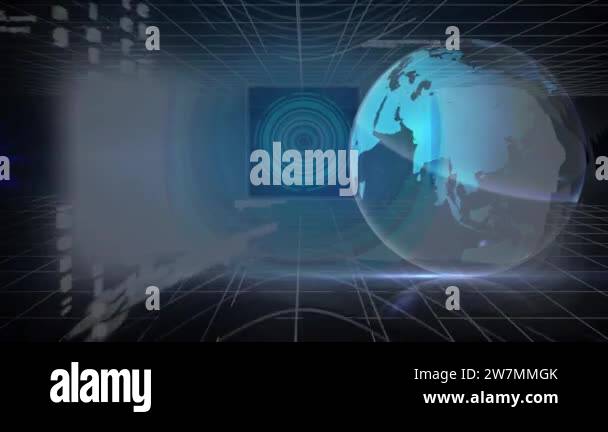 Animation of data processing and scope scanning over screens and globe. global connections, data ...