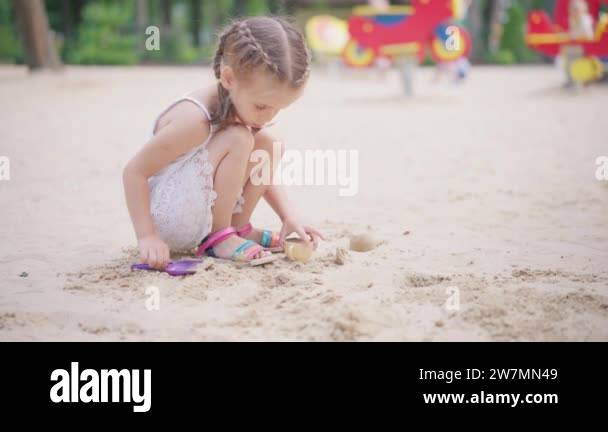 Little Girl Playing Sandbox Playground Digging Sand Shovel Building ...
