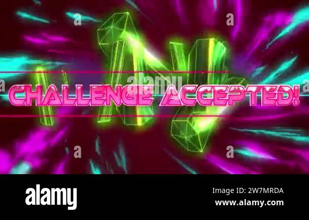 Challenge accepted text over neon banner against digital waves and ...