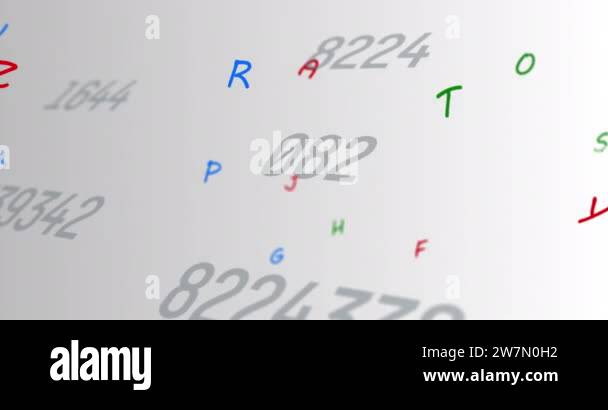 Digital animation of multiple changing numbers and alphabets floating against grey background ...