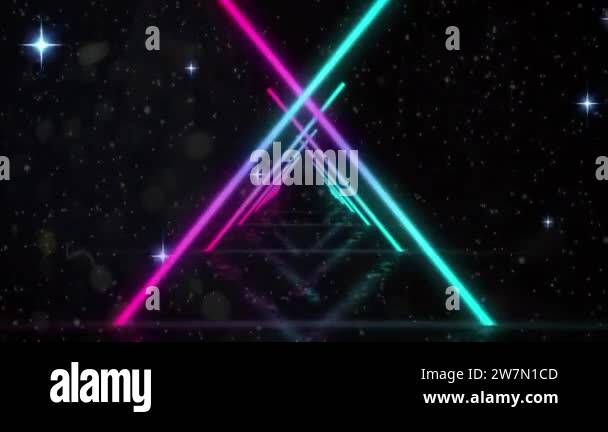 Digital animation of neon triangles in seamless motion and shining stars on black background ...