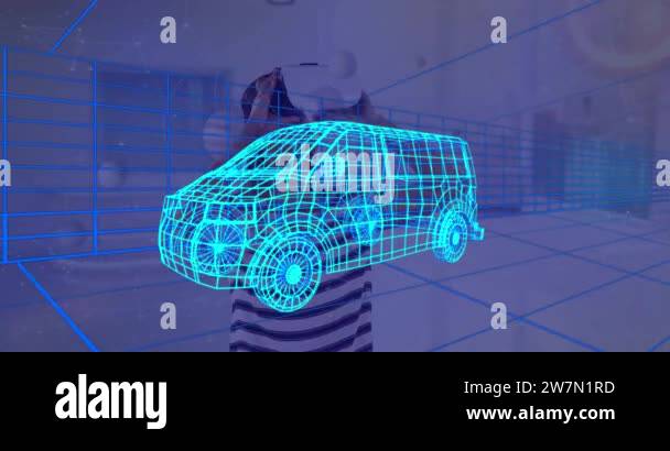 Animation of 3d technical drawing of van, over woman at home wearing vr ...