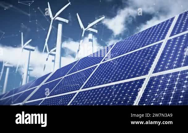 solar cell plant and wind generators connected to smart grid.timelapse ...