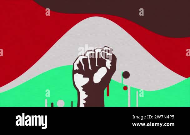 Cartoon abstract male character fist rising up on bright wavy ...