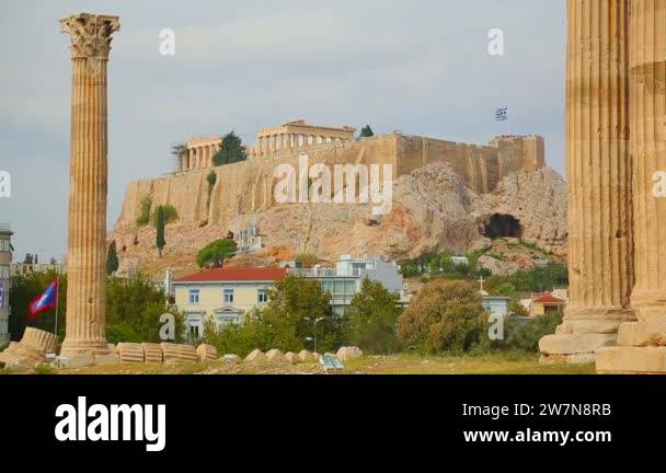 Distant view of Parthenon temple on top of Acropolis of Athens, world heritage Stock Video ...