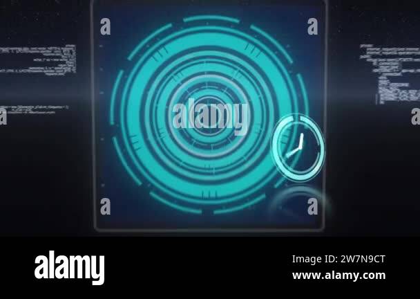 Neon digital clock ticking over against round scanner and data processing on blue background ...