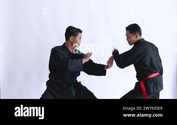 two Asian men wearing pencak silat uniforms fight with punching and ...