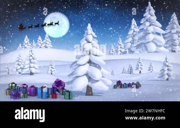 Animation of santa claus in sleigh with reindeer over christmas ...
