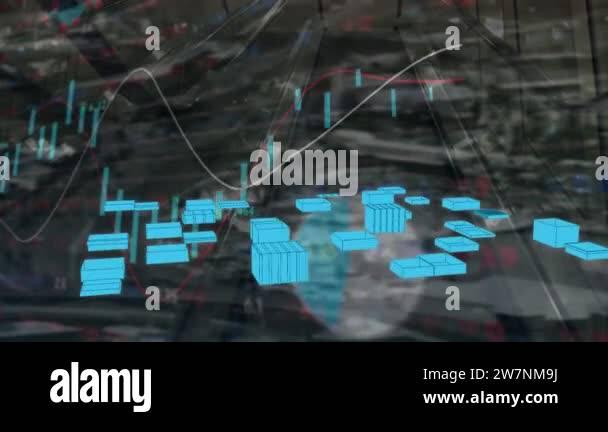 Animation of 3d city drawing spinning and data processing over ...