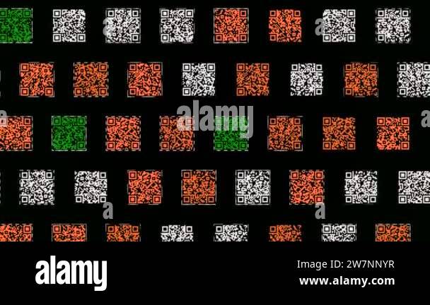 Colorful QR codes on black background. Animation. rows of codes move ...