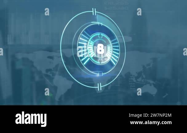 Animation of countdown with scope scanning and world map. global connections, technology and ...