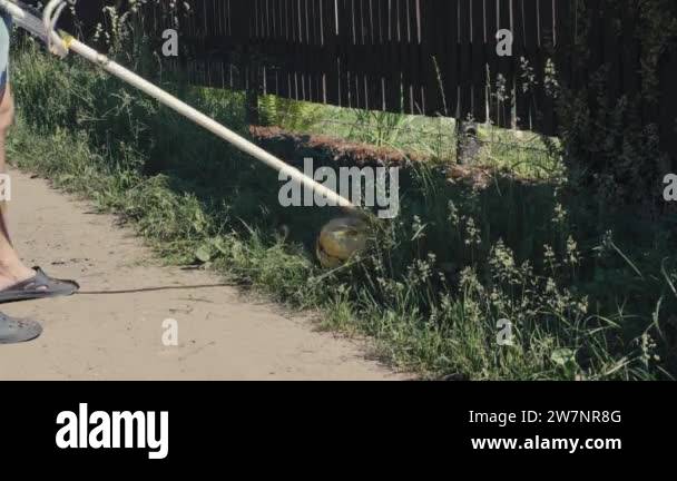 Amateur man cutting grass by petrol brushcutter or grass trimmer with ...