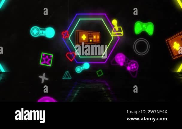 Animation of neon video game digital interface flickering over neon ...