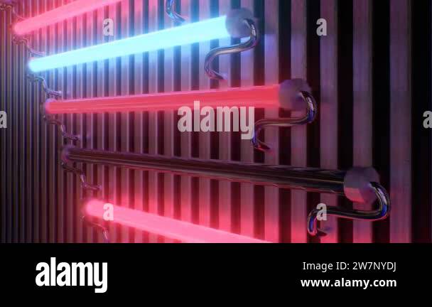 Flickering Fluorescent Neon Tubes Glow Red and Blue Light Reflections ...