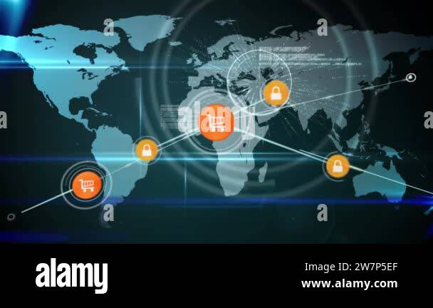 Animation of networks of connections with icons over world map. global connections, digital ...