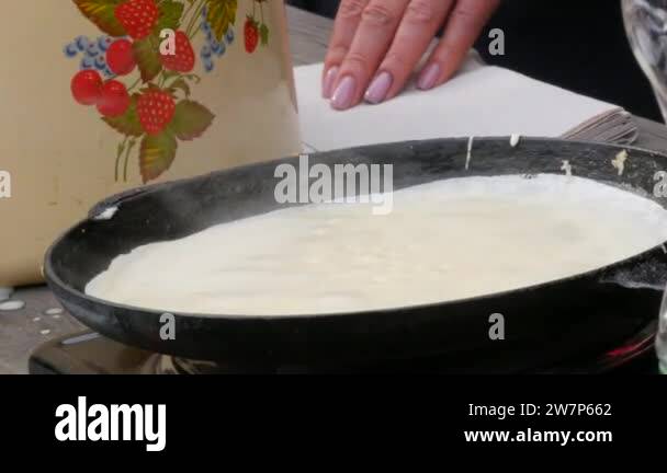 A large pancake pan in which the dough is fried for future crepes ...