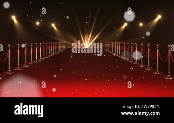 Animation of white spots floating over red carpet venue with moving ...