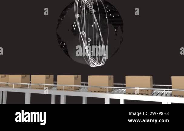 Animation of scope scanning and globe over cardboard boxes moving on ...