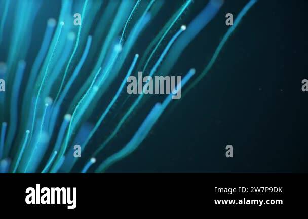 Abstract blue glow particles fly in space. Flying particles in space ...