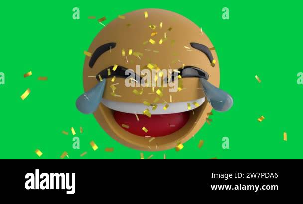 Animation of confetti falling over crying emoji icon on green screen ...