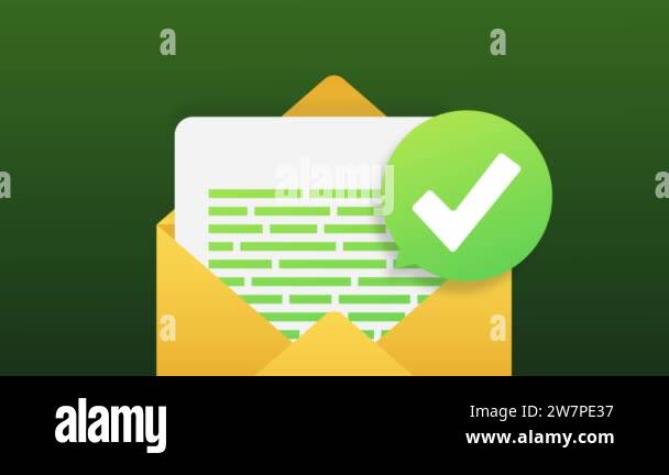 Opened envelope and document with green check mark. Verification email ...