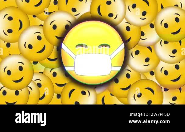 Glitch effect over face emoji wearing face mask against multiple ...