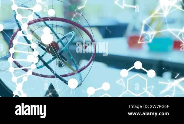Animation of molecules and dna strand over desk in classroom. education ...