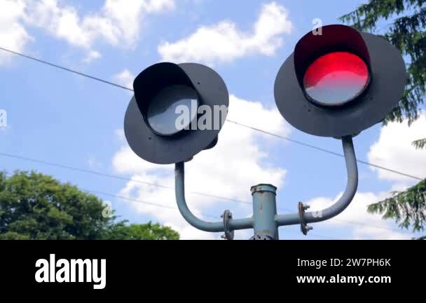 Traffic light flashing red lights. Railway traffic light that prohibits ...