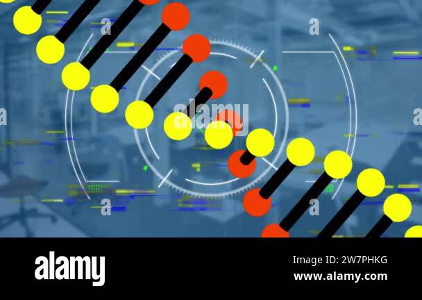 Animation of scope scanning and dna strand spinning over empty office. global business, digital ...