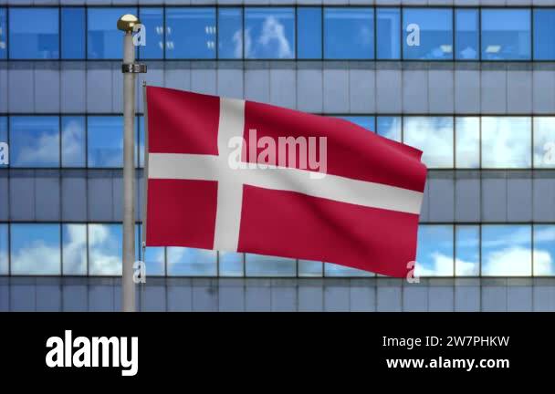 3D, Danish flag waving on wind with modern skyscraper city. Denmark ...