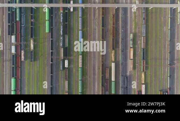 freight trains top down view. A lot of freight trains top view. Flying ...