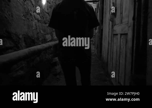 Walk through an old dark underground basement or a closet in an old ...