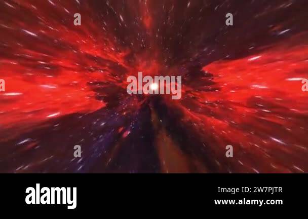 Abstract colorful red hyperspace worm hole tunnel through space time ...