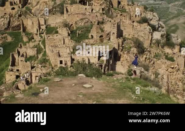 The ghost town of Gamsutl in Dagestan. Stone crumbling houses on a ...
