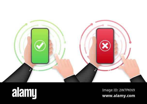 Hands holding smartphones with checkmarks set. Tick and cross check ...