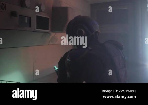 Cyberpunk, future world. Female cyborg halfman shoots gun and kills ...