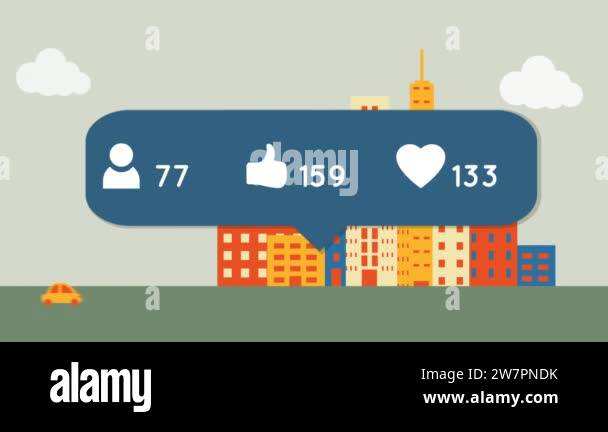 Social media icons with increasing numbers against vehicles on the road ...